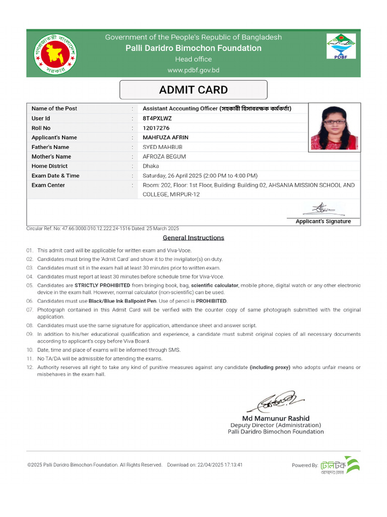 Admitcard PDBF 8t4pxlwz | PDF