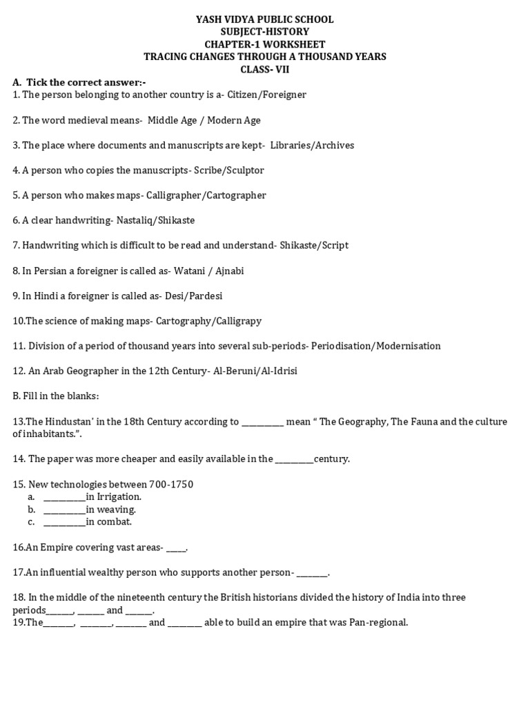 History Class 7 CH - 1 Worksheet PDF | PDF