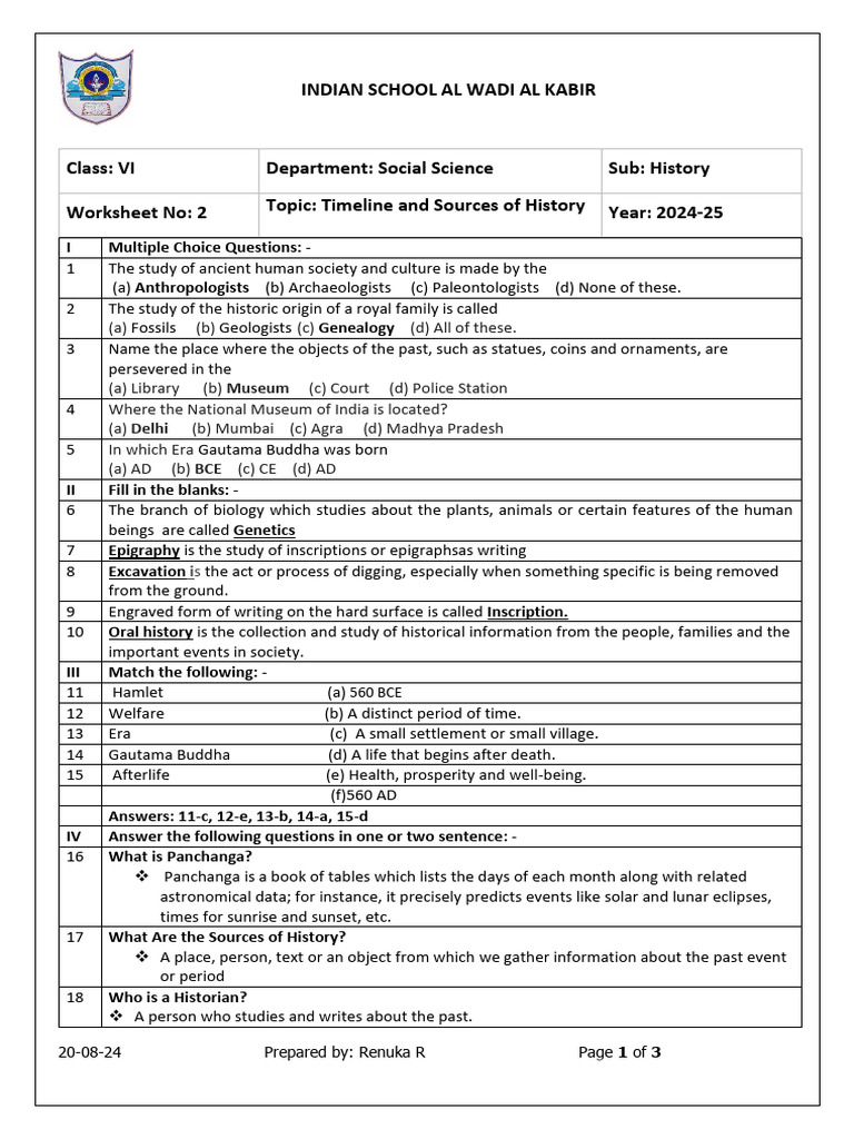 8768332-W.S No 2. Class VI - Timeline and Sources of History (Hist ...