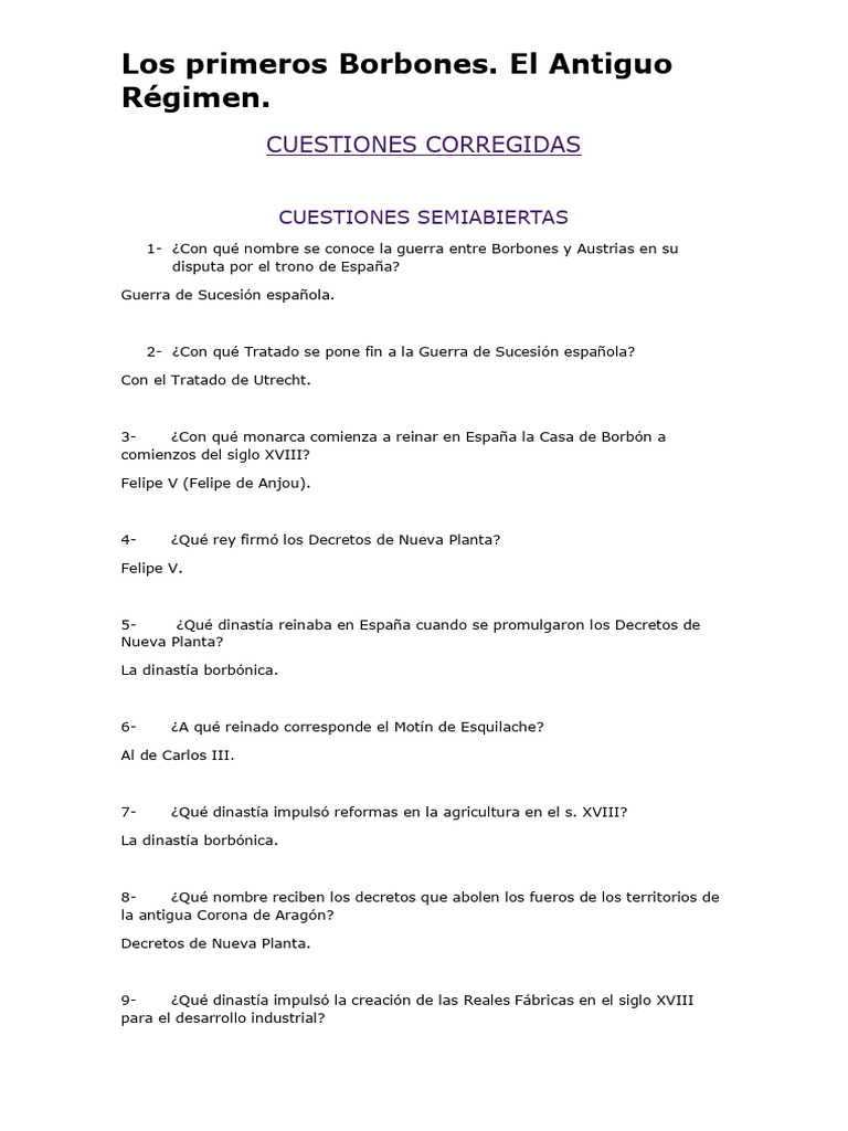 Correc. Cuest Primeros Borbones | PDF | Imperio español | Casa de los ...