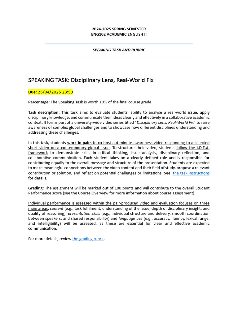 Spring2025 - Eng104 - Speaking Task (Pair Work) | PDF | Critical ...