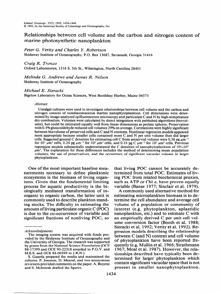 Limnology Oceanography - November 1992 - Verity - Relationships Between ...
