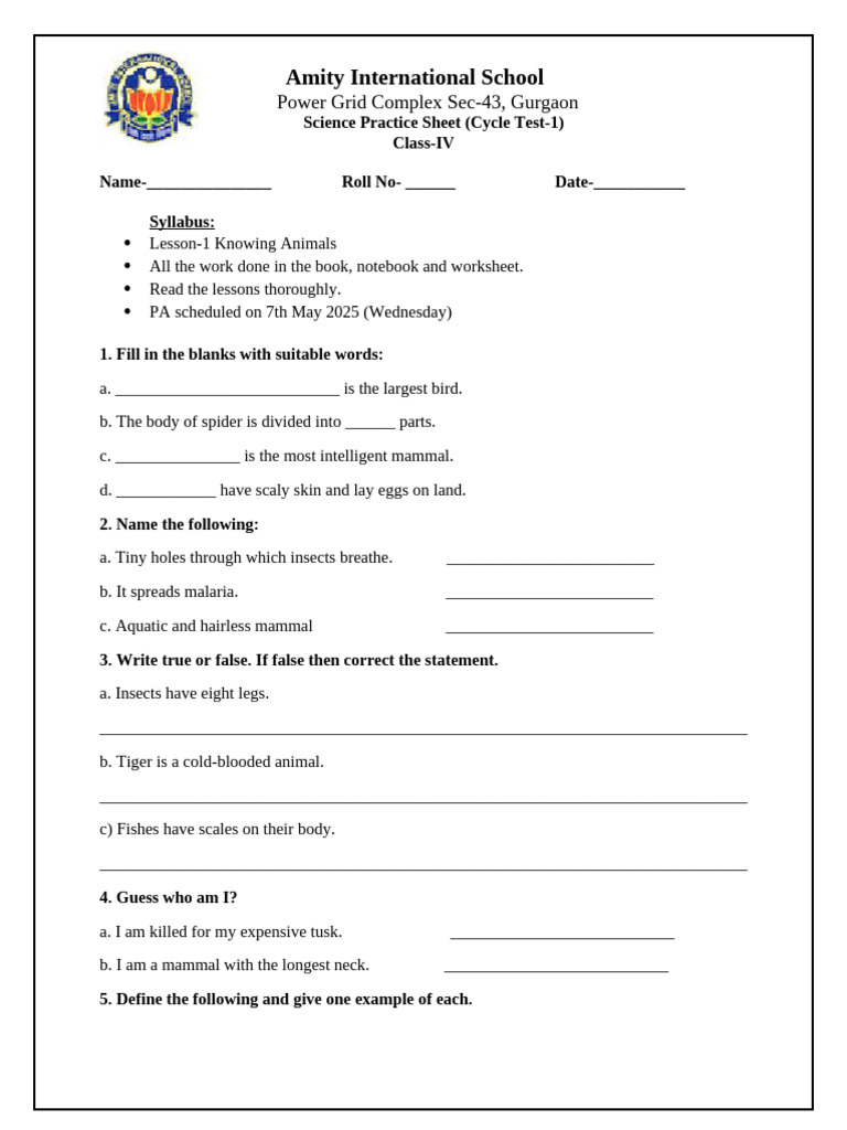 Class - IV - Lesson-1 - Revision Assignment - CT-1 | PDF | Gill | Frog