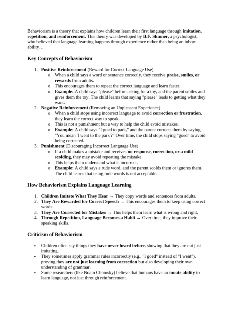 Behaviorism Is A Theory That Explains How Children Learn Their First Language Through Imitation ...