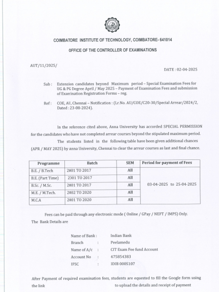 Fee Circular For Special Supplementary Apr-May 2024 Examinations (2001 ...