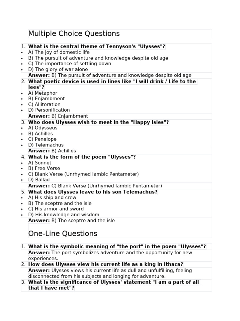 Multiple Choice Questions | PDF | Odysseus | Poetry