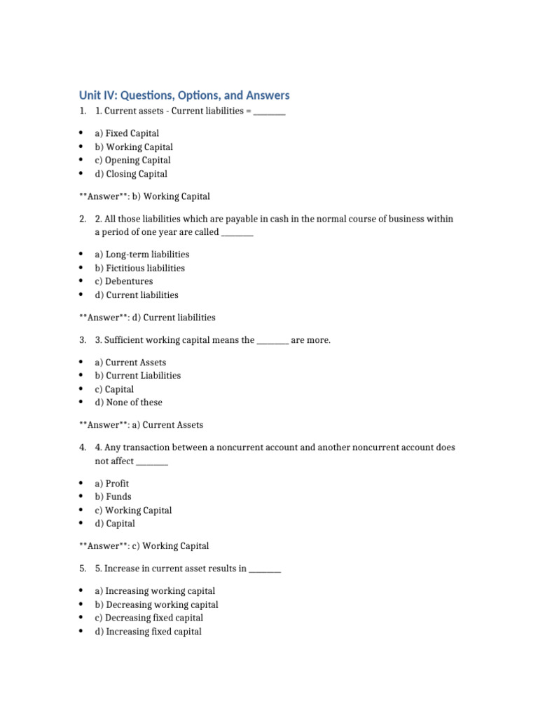 Unit IV Questions and Answers | PDF | Working Capital | Investing