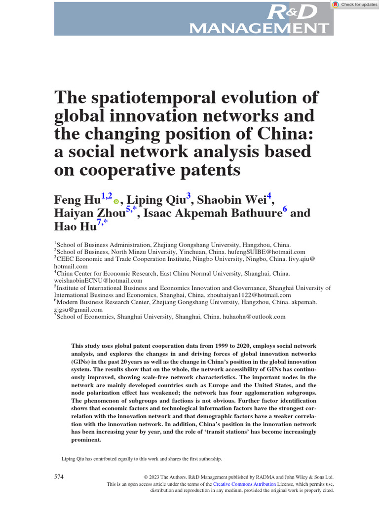 R D Management - 2023 - Hu - The Spatiotemporal Evolution of Global Innovation Networks and The ...