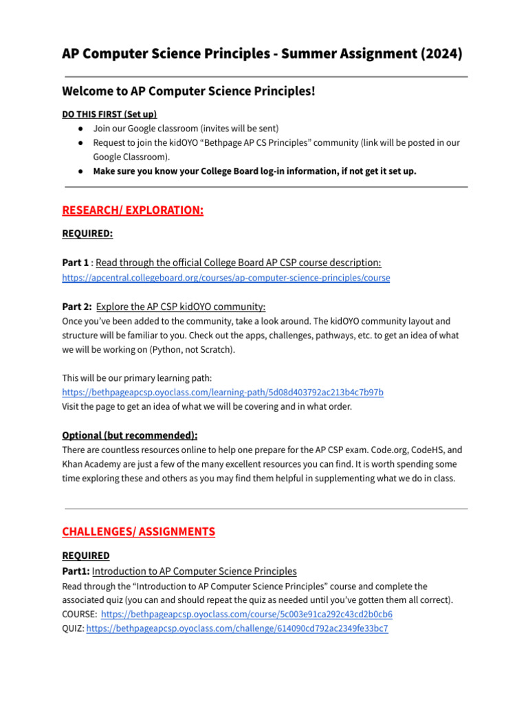 2024 - AP Computer Science Principles Summer Assignment | PDF ...