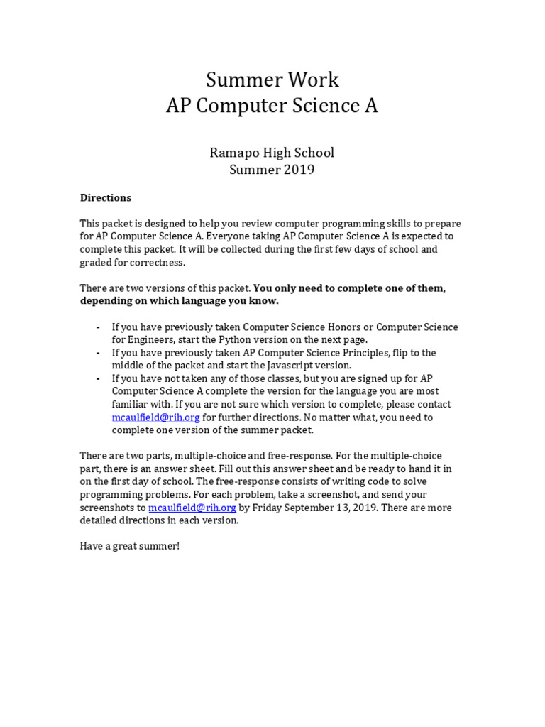 AP Computer Science A Summer Assignment | PDF | Multiple Choice ...