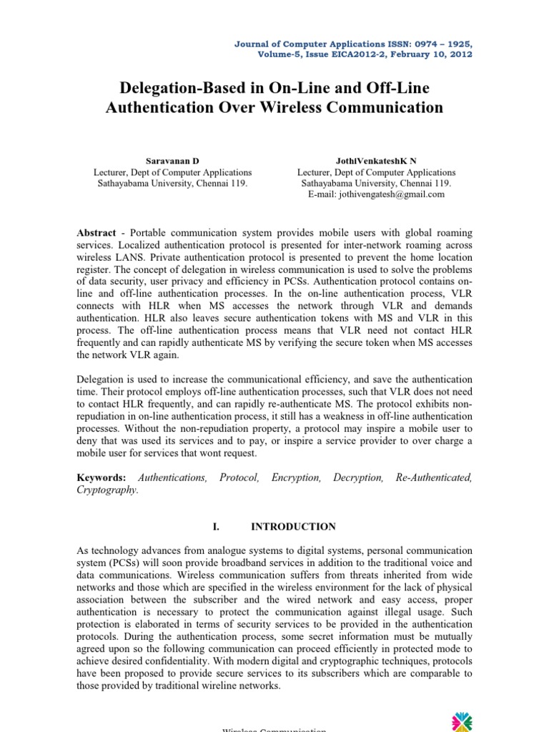 Delegation-Based in On-Line and Off-Line Authentication Over Wireless Communication | PDF | Key ...