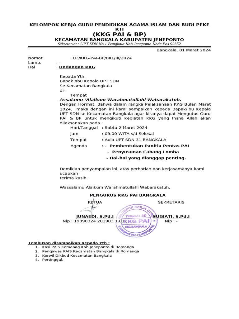 Undangan KKG PAI BLN Maret 2024 | PDF