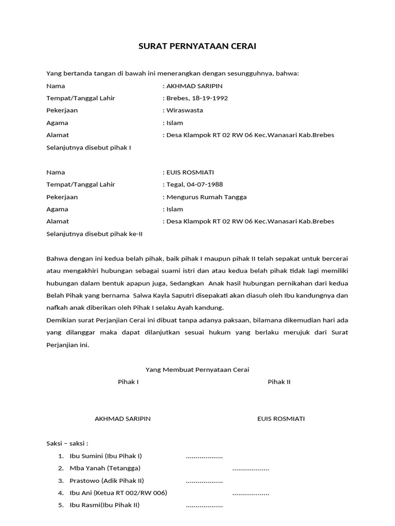 Contoh-Surat-Pernyataan-Cerai | PDF