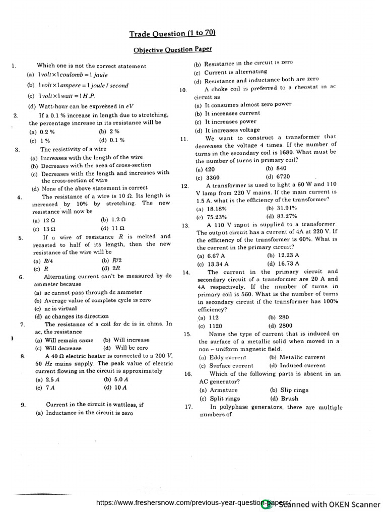 PSPCL Lineman Apprenticeship Model Question Paper | PDF