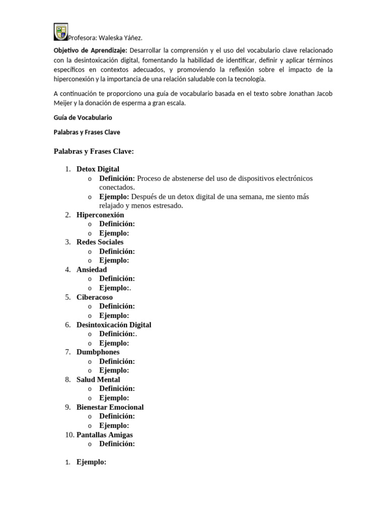 Vocabulario Clave sobre Desintoxicación Digital | PDF