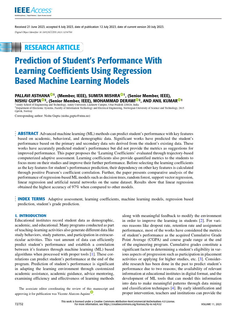 Prediction of Students Performance With Learning Coefficients Using Regression Based Machine ...