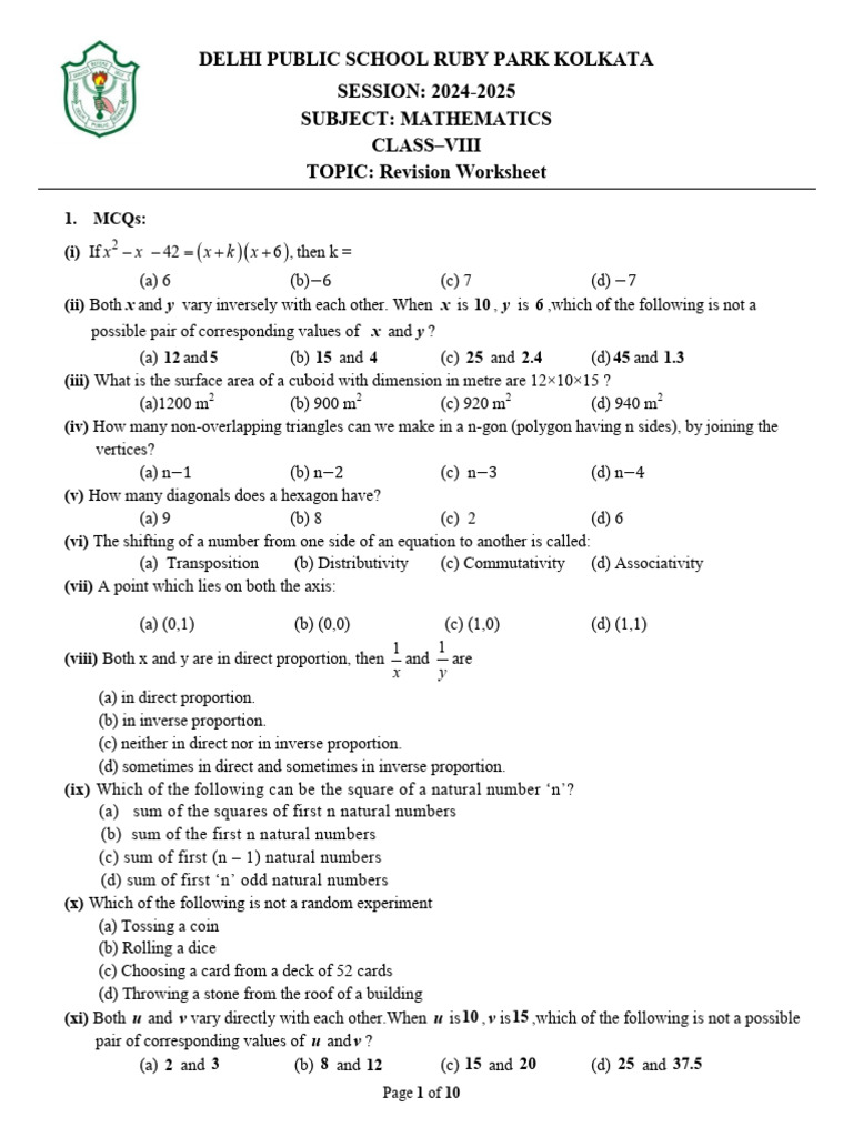 Revision_worksheet_class_8_final_edited | PDF | Area | Circle