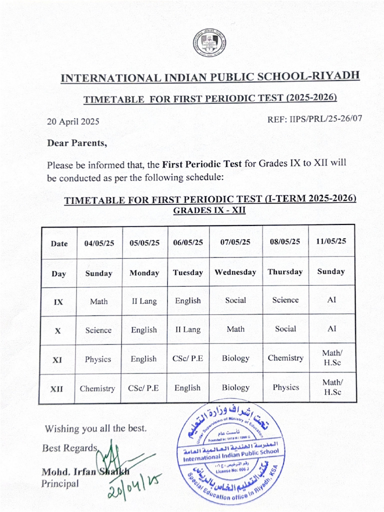 07 Timetable For Periodic Test 1 Grades IX To XII | PDF
