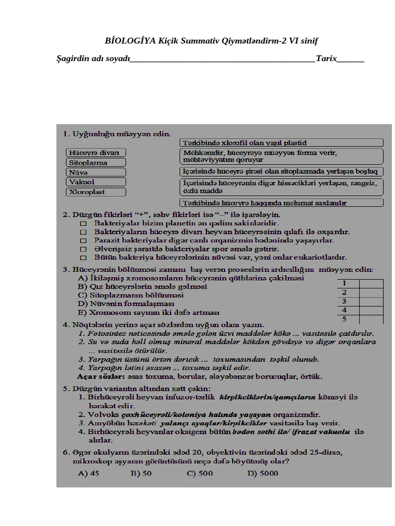 BİOLOGİYA KSQ-2 VI sinif | PDF