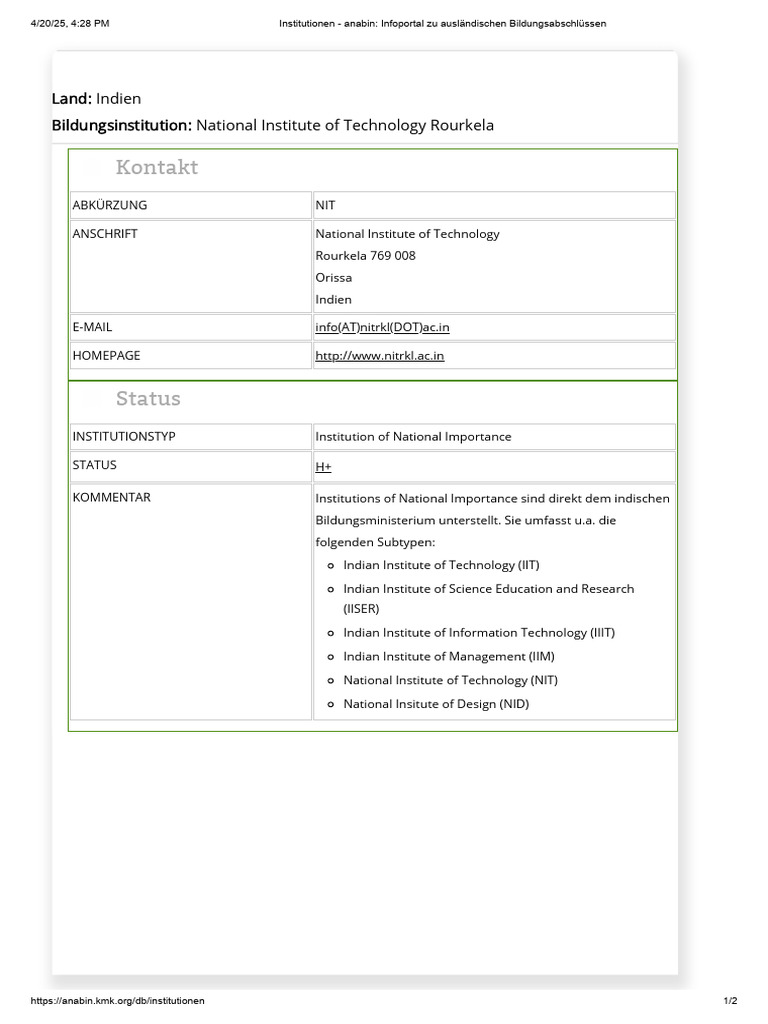 Institutionen - Anabin - Infoportal Zu Ausländischen Bildungsabschlüssen - NIT Rourkela | PDF ...
