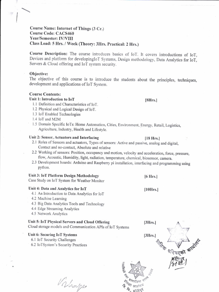 CACS 460 Internet of Things VIII Semester Elective BCA Syllabus | PDF ...