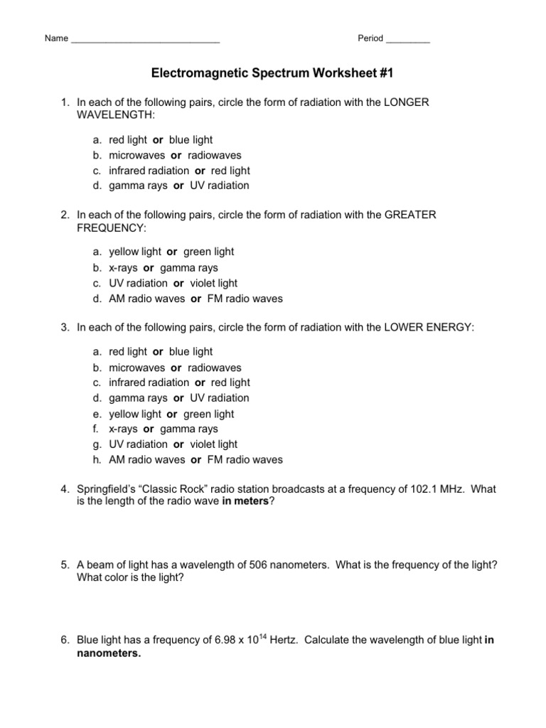 Electromagnetic Spectrum Worksheet #1 | PDF