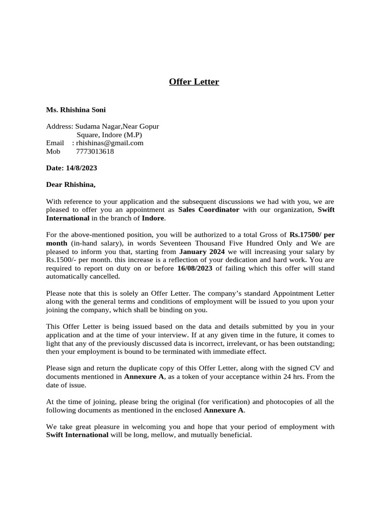 Rhishina Soni Offer Letter | PDF