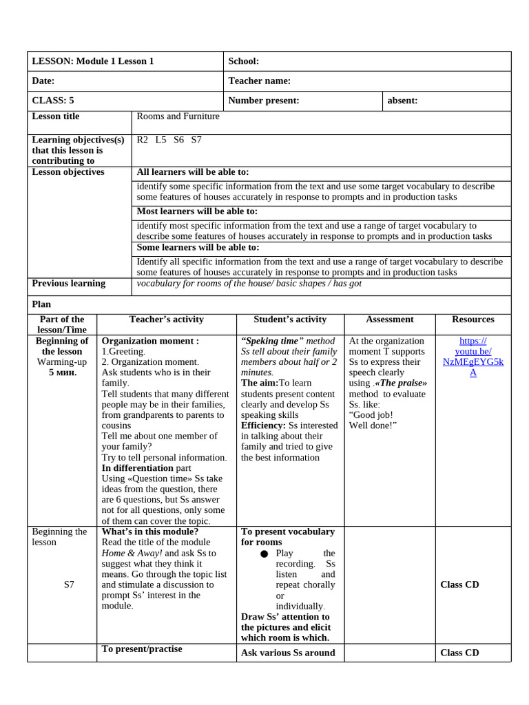 Rooms and Furniture Lesson Plan | PDF | Reading Comprehension | Learning