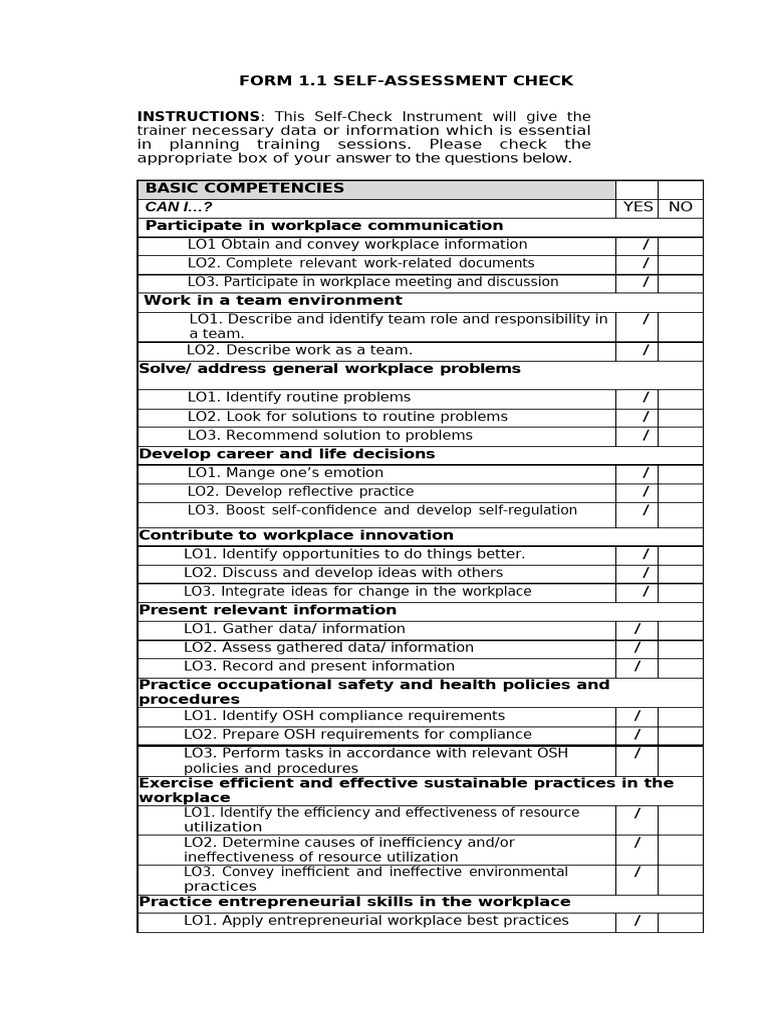 sample - FORM 1.1 SELF-ASSESSMENT CHECK SAMPLE-TEMPLATE (4) (2) | PDF ...