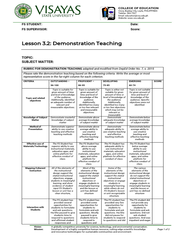 Field Study Rubric For Teaching Demonstration Final | PDF ...