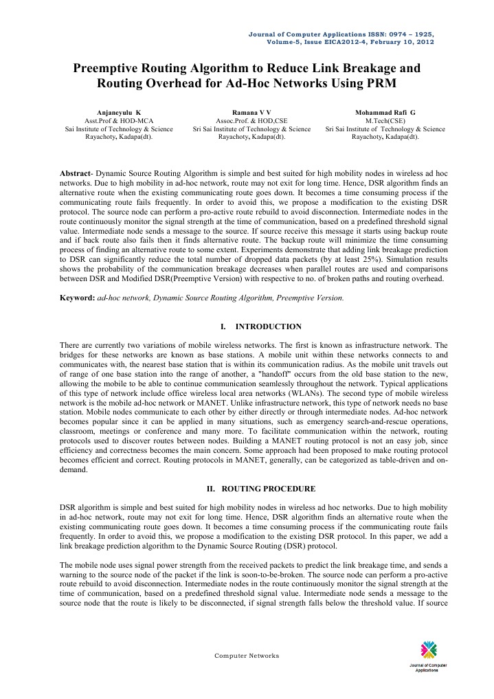 Preemptive Routing Algorithm To Reduce Link Breakage and Routing Overhead For Ad-Hoc Networks ...