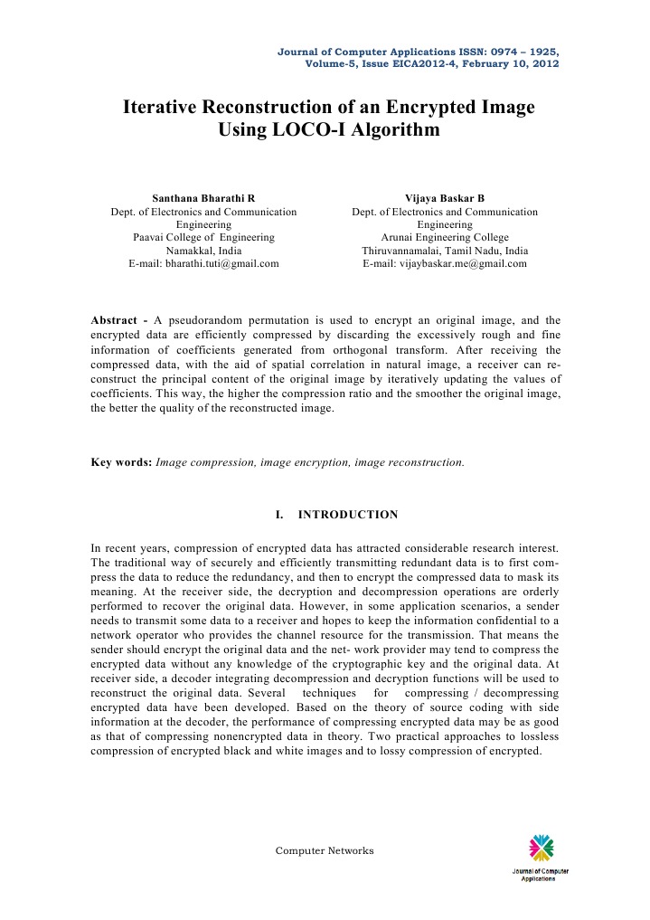 Iterative Reconstruction of An Encrypted Image Using LOCO-I Algorithm | PDF | Data Compression ...
