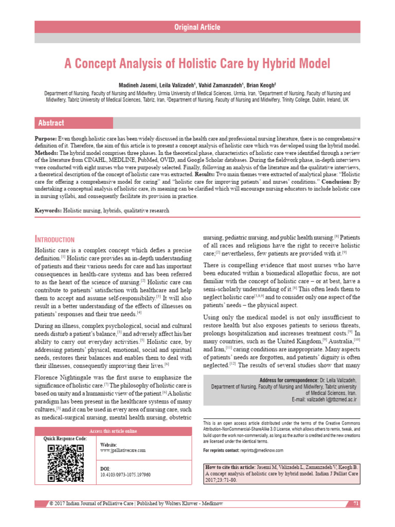 A Concept Analysis of Holistic Care by Hybrid Model (Article) Author Madineh Jasemi, Leila ...