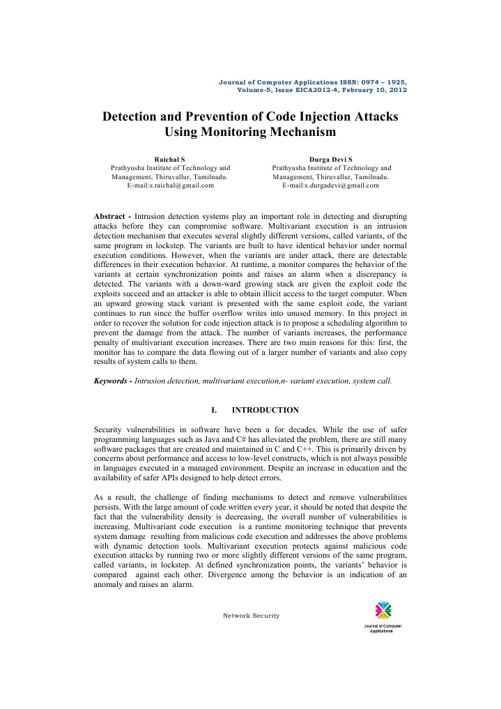 Detection And Prevention Of Code Injection Attacks Using Monitoring