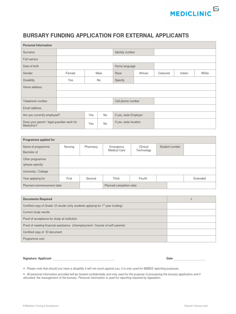 Mediclinic External Bursary Application 2025 | PDF | Health Care