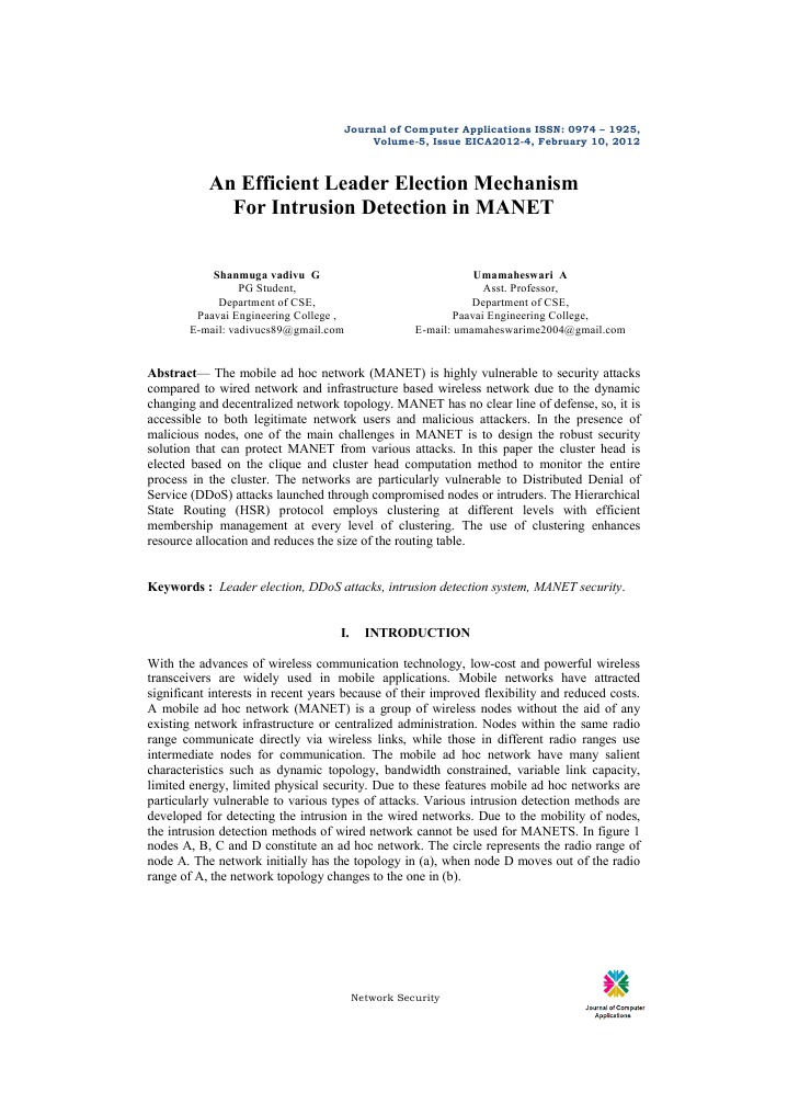 An Efficient Leader Election Mechanism For Intrusion Detection in MANET ...
