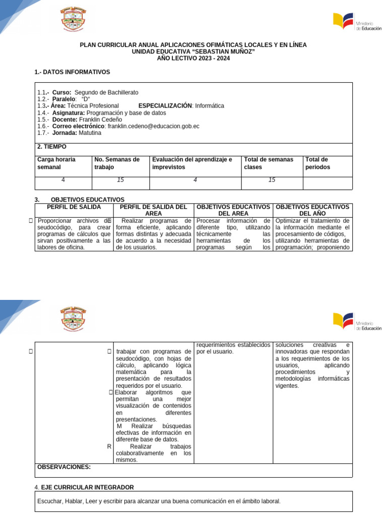2do Plan-Didacticol-Programacion 2023 2024 | PDF | Aprendizaje | Evaluación