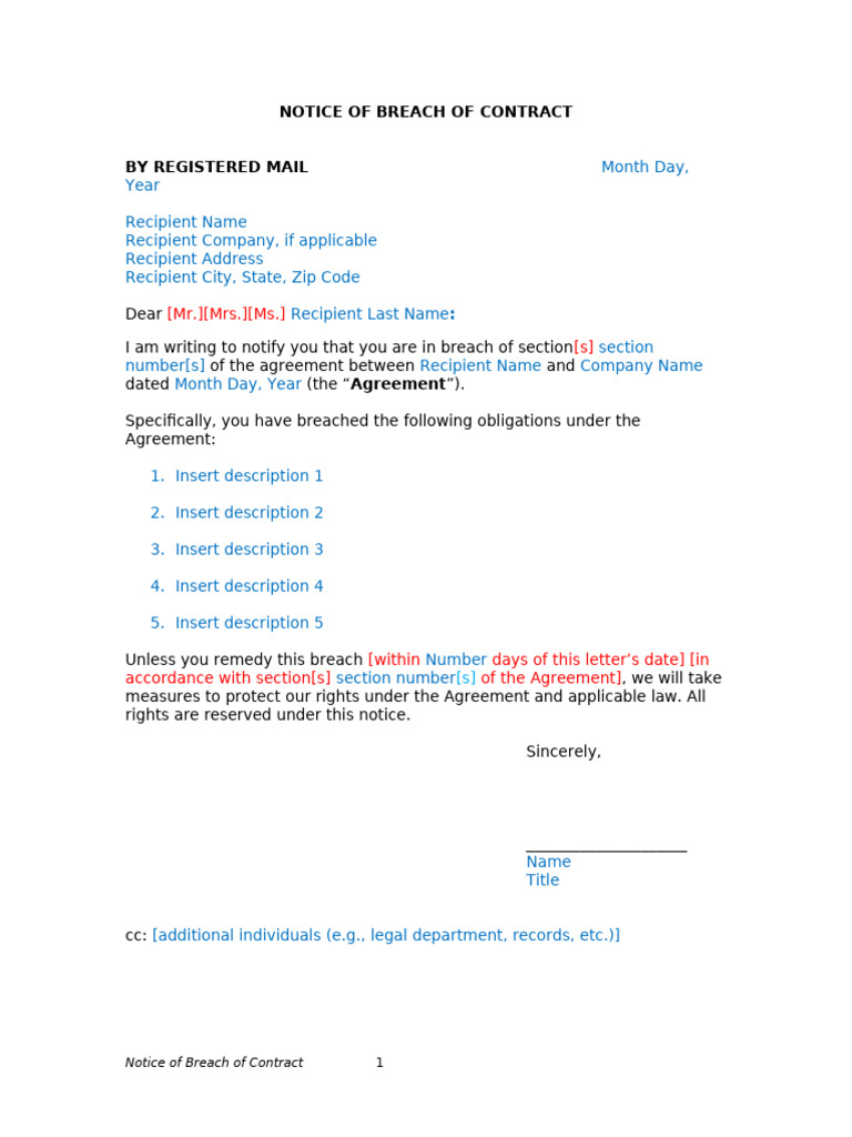 Notice of Breach of Contract | PDF