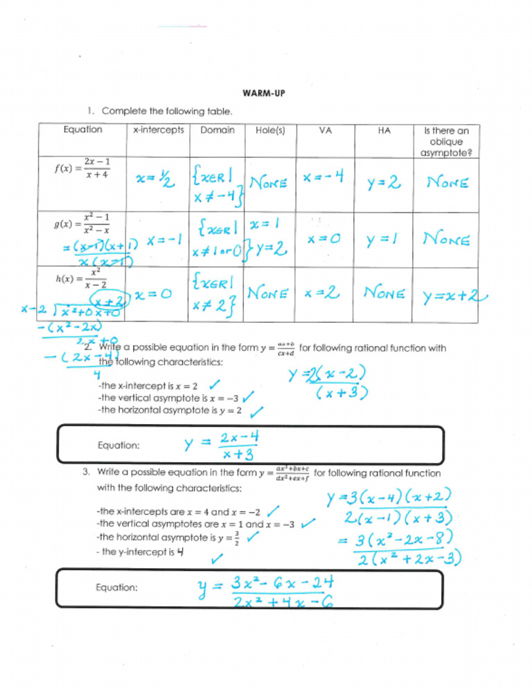 Rational Functions Warm-Up 3 | PDF