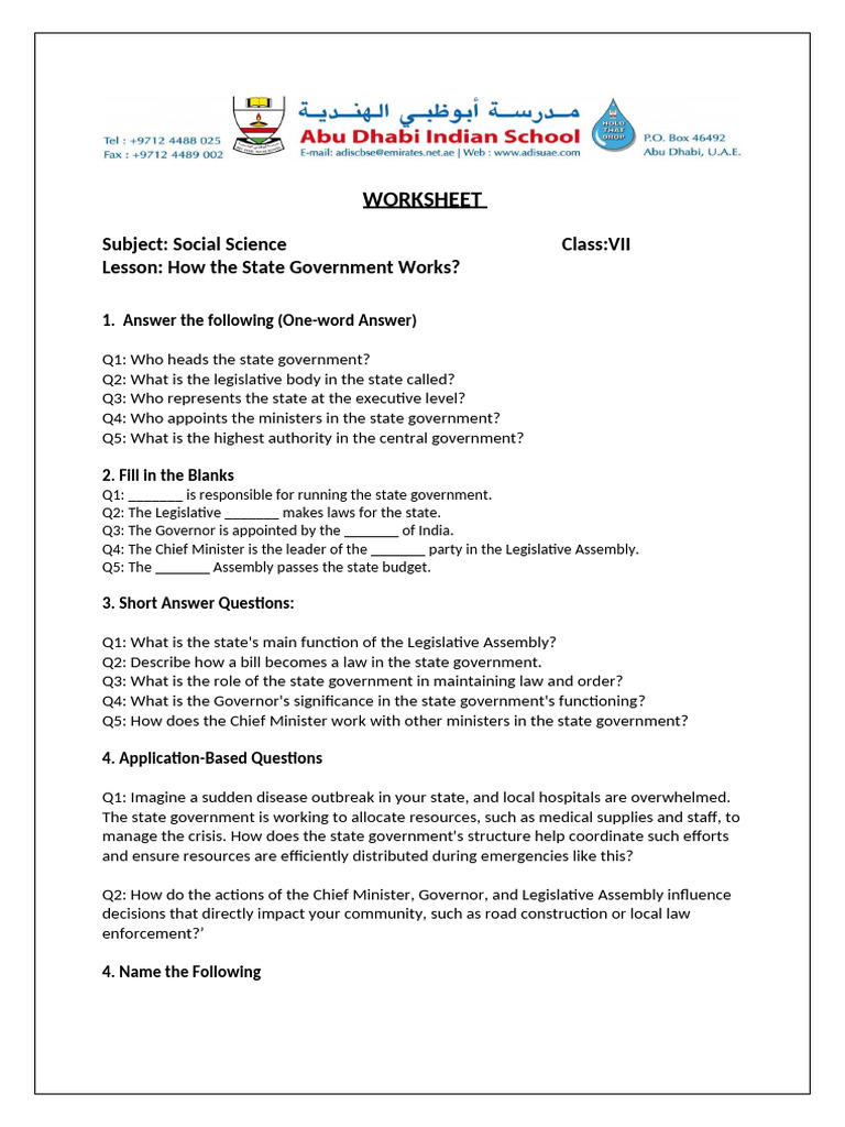 State Government Worksheet for Class 7 | PDF | Government