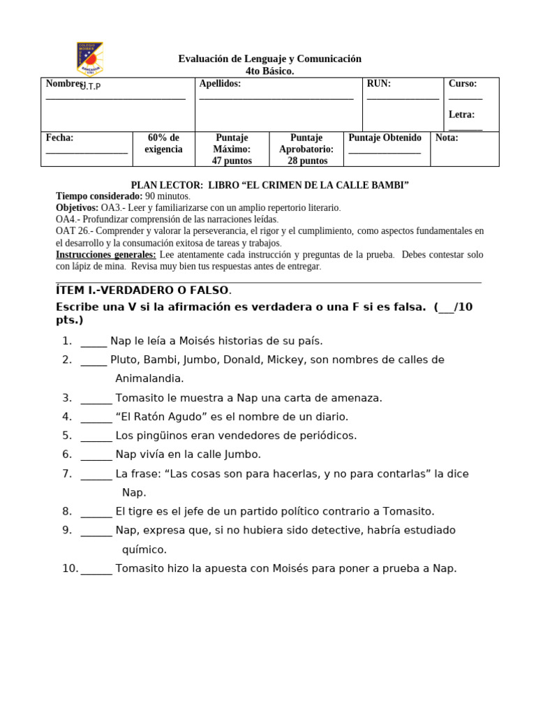 Prueba Plan Lector_El crimen de la calle Bambi | PDF