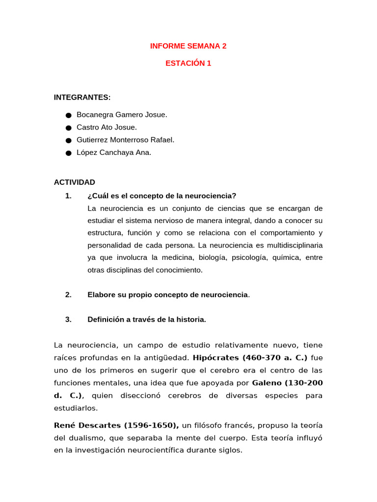 Informes Semanal 1 Neurociencia | PDF | Neurociencia | Cerebro