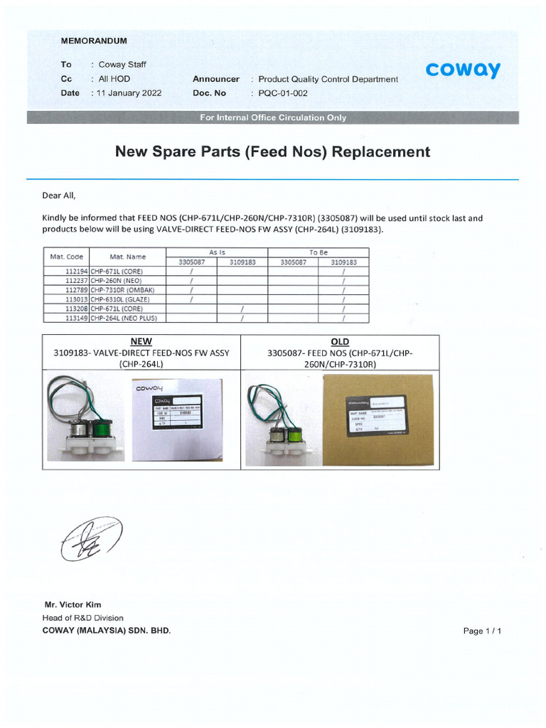 (MEMO) New Spare Parts (Feed Nos) Replacement | PDF