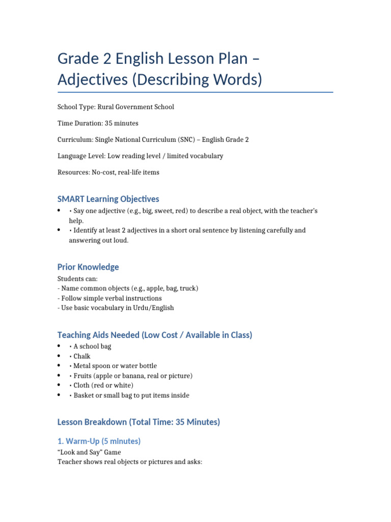 Grade 2 English Adjectives Lesson Plan Final | PDF | English Language ...