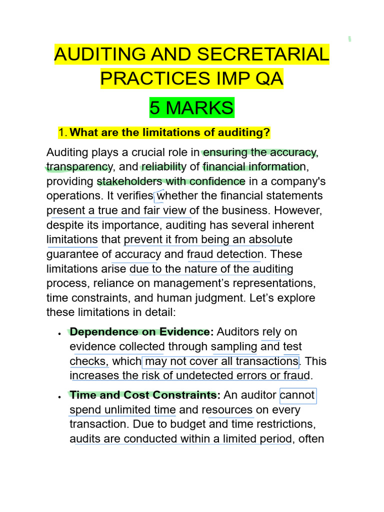 Auditing and Secretarial Practices Imp Qa | PDF | Audit | Auditor's Report