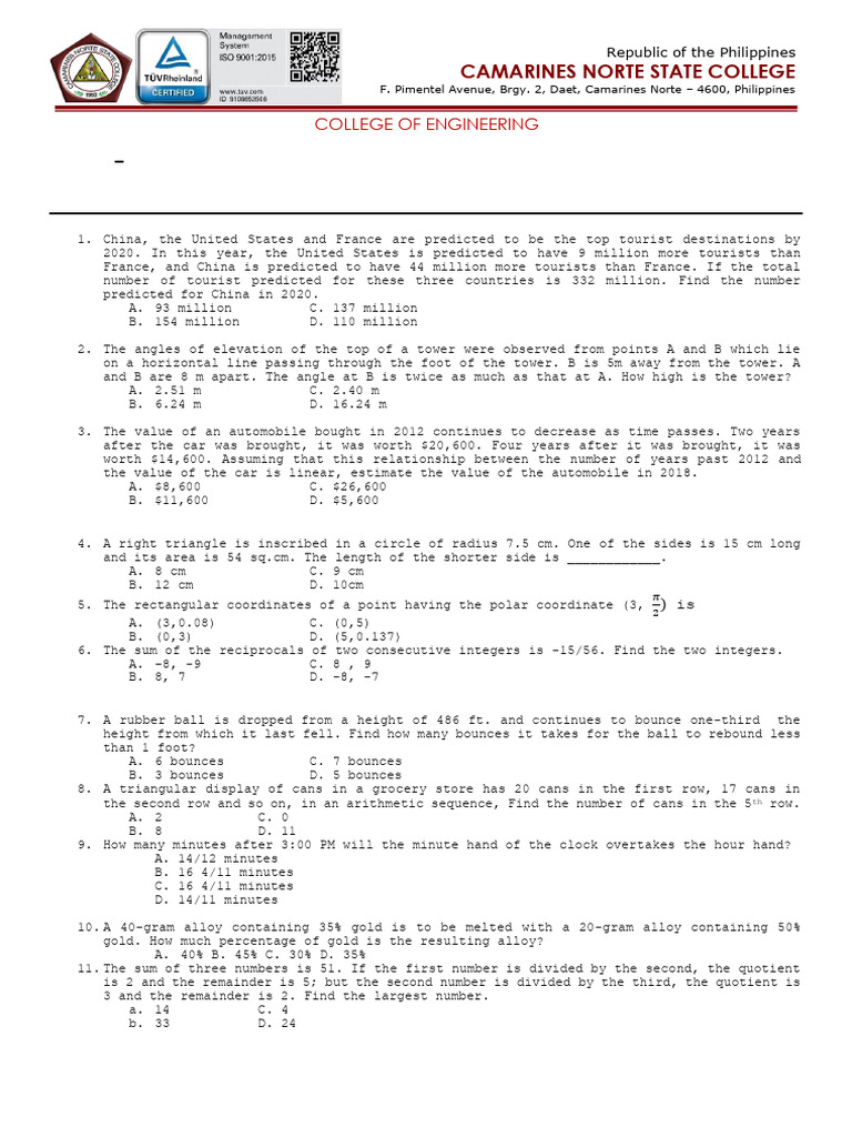 CE REV Quiz 1 Math Trigo Geom | PDF | Area | Circle