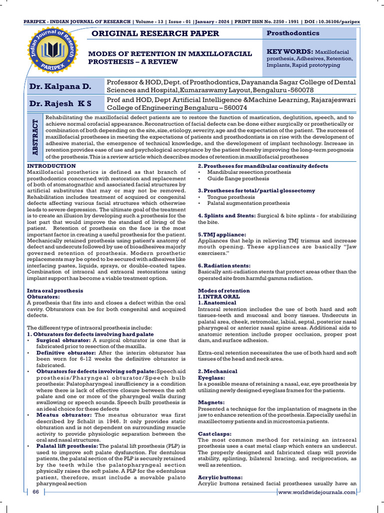Modes of Retention in Maxillofacial Prosthesis A Review - January ...
