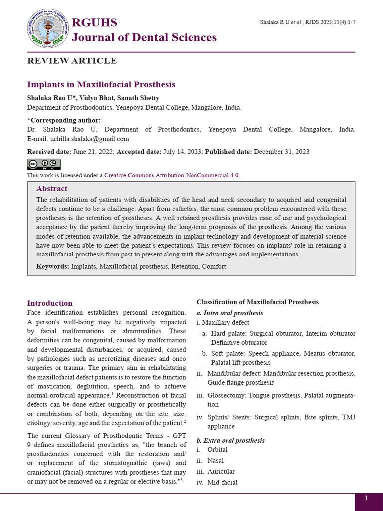 Implants for Maxillofacial Prosthesis Retention | PDF | Dental Implant ...