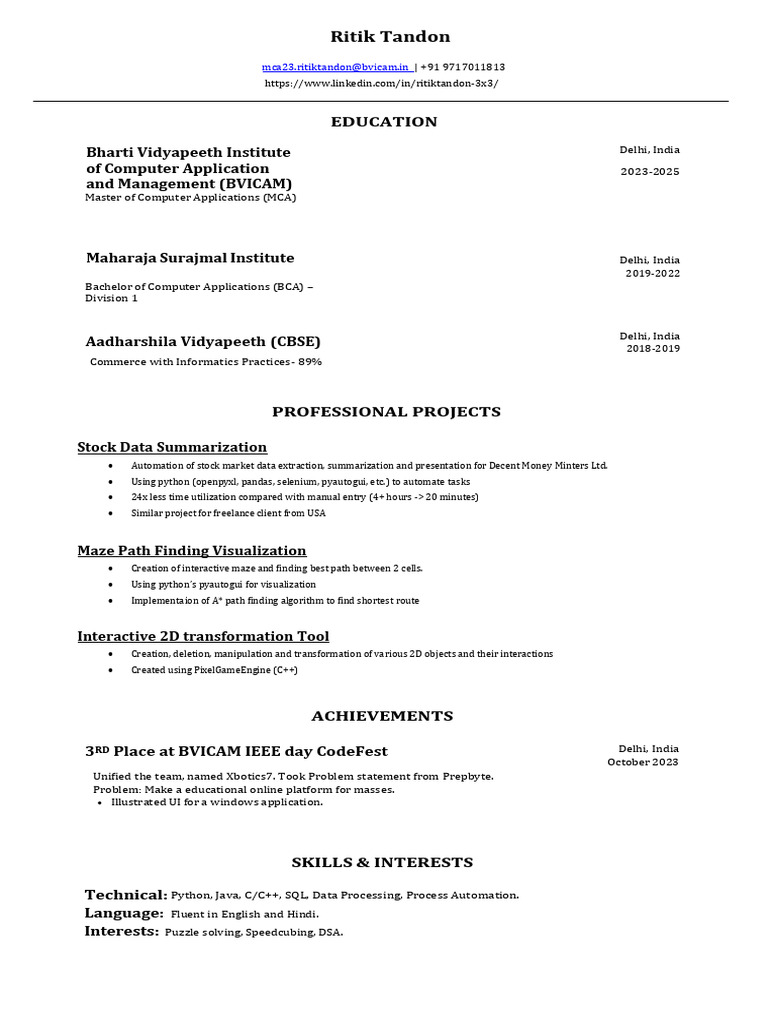 Ritik's Professional Resume | PDF | Computing | Computer Science