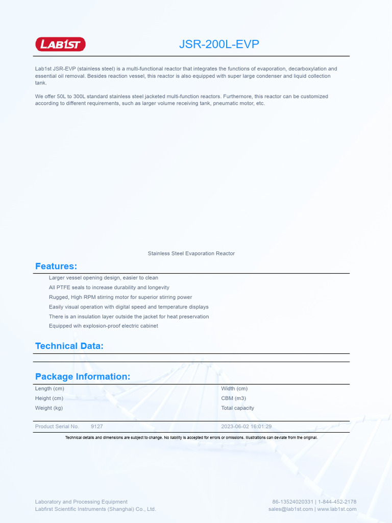 Lab1st JSR-200L-EVP Stainless Steel Jacketed Evaporation Reactor Data Sheet | PDF